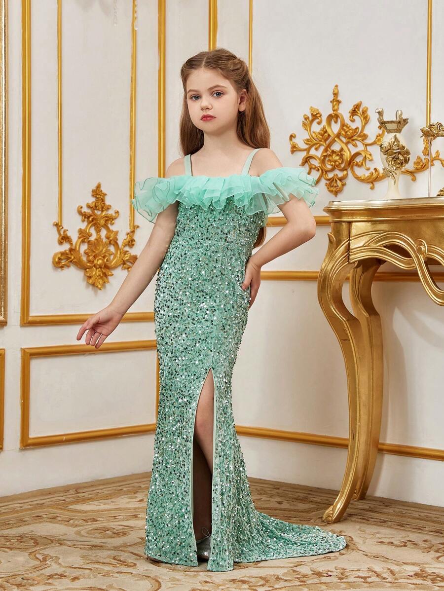 Tween Girls' Hollow Out Shoulder Lotus Leaf Border & Split Glitter ...