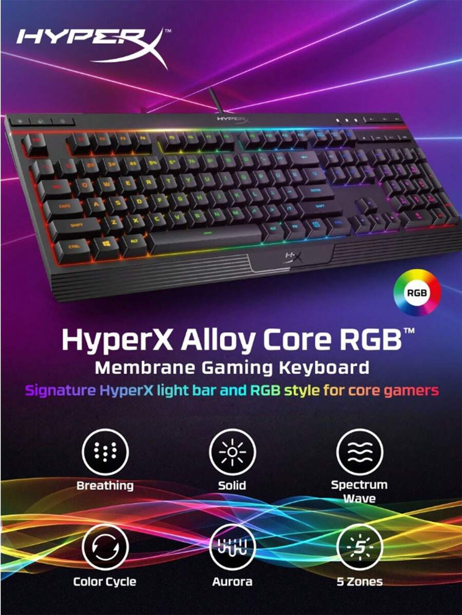 HyperX HyperX Alloy Core RGB Membrane Gaming Keyboard Comfortable Quiet ...
