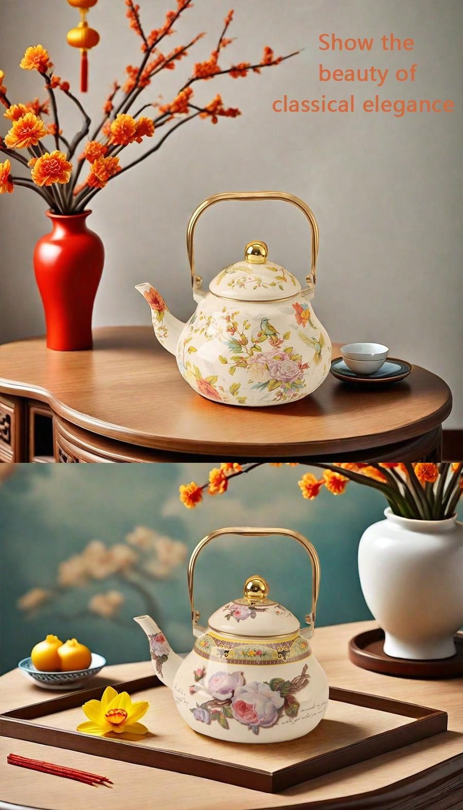 1pc Enamel Thickened Tea Kettle, Bird & Flower Print Classic Coffee Pot ...