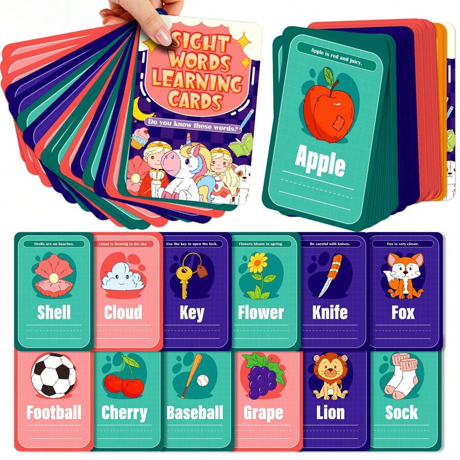 50 Pcs Sight Words Learning For Students Flash Cards, Fruit Animal ...