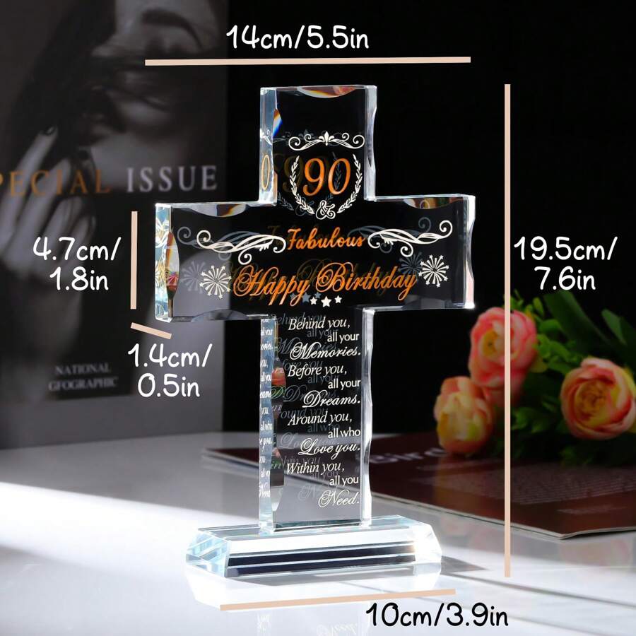 90th Birthday Religuous Gifts For Women Men, Glass Cross Stand Engraved ...
