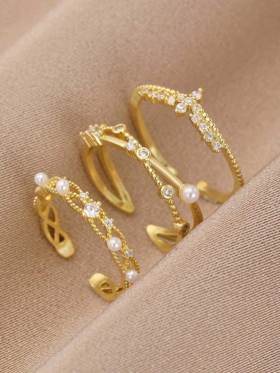 3pcs/Set Rhinestone & Faux Pearl Decor Cuff Ring | SHEIN USA