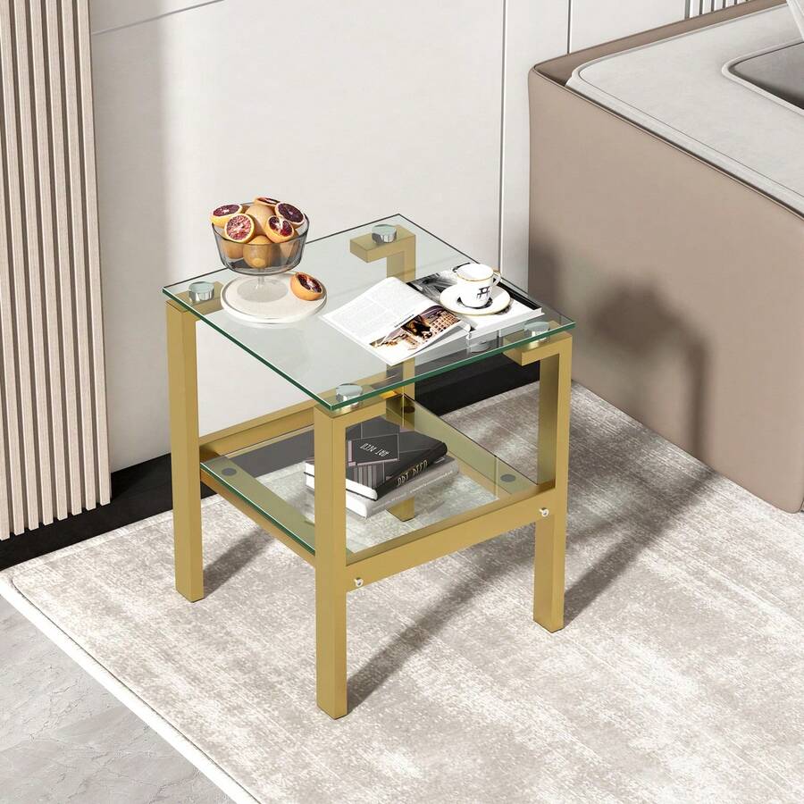 Clear Glass Side And End Table With Gold Legs; Tempered Glass Night ...