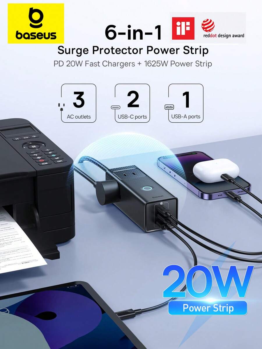 Baseus PD20W Power Strip Surge Protector 1200J - USB C Charger ...