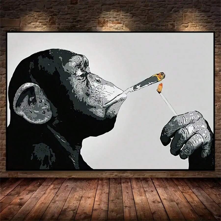1pc,Abstract Animal Art Canvas Painting Monkey Orangutan Smoking Cigar ...