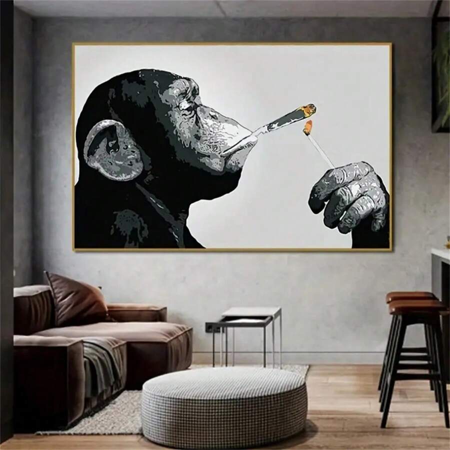 1pc,Abstract Animal Art Canvas Painting Monkey Orangutan Smoking Cigar ...
