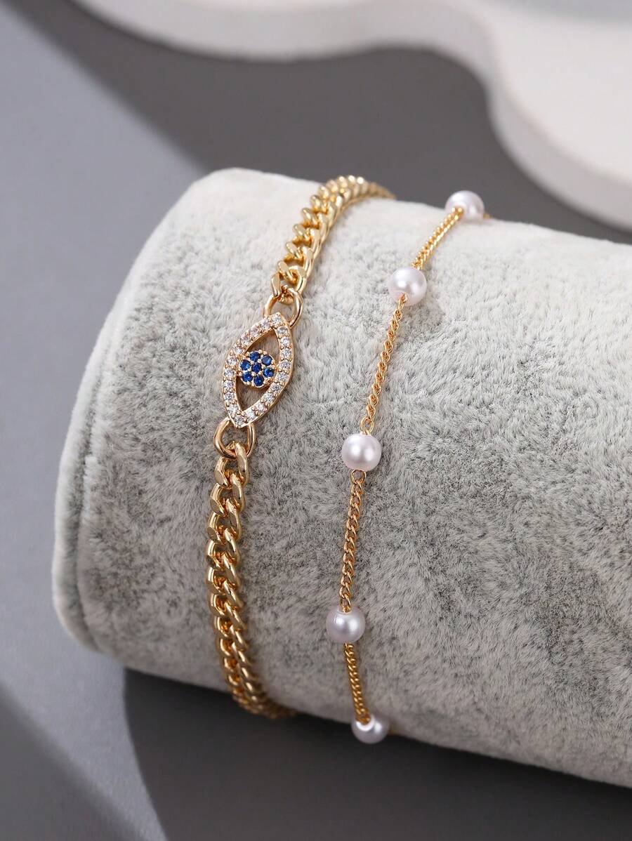 2pcs/Set Golden Trendy Simple Chain Anklets With Eye Of The Devil Cube ...