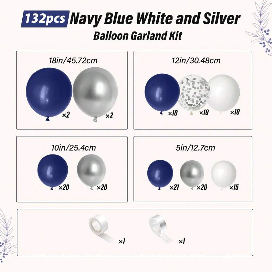 1Set Navy Blue And Silver Balloon Garland Arch Kit, Royal Blue Metallic Silver White Balloons ...