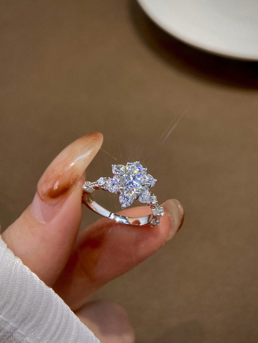 1pc Elegant Luxury Real 1CT Moissanite Rhinestone Sunflower Rings for ...