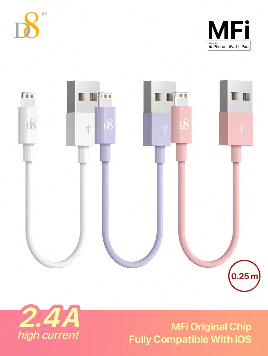 D8 [Apple MFi Certified] Short IPhone Charging Cable(3 Packs 0.25M),USB ...