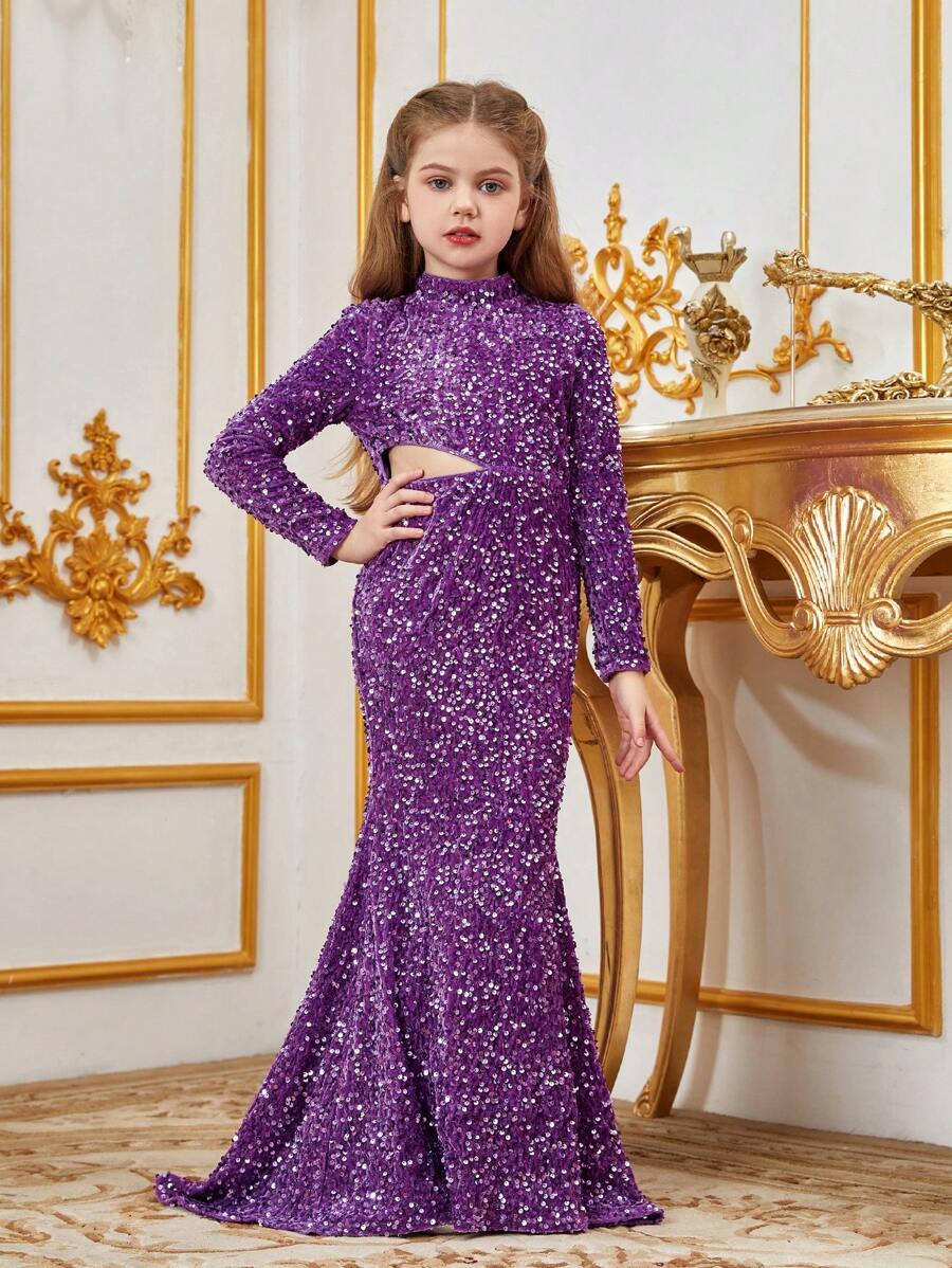 Tween Girls' High Neck Hollow Out Sparkly Fish Tail Formal Dress | SHEIN UK