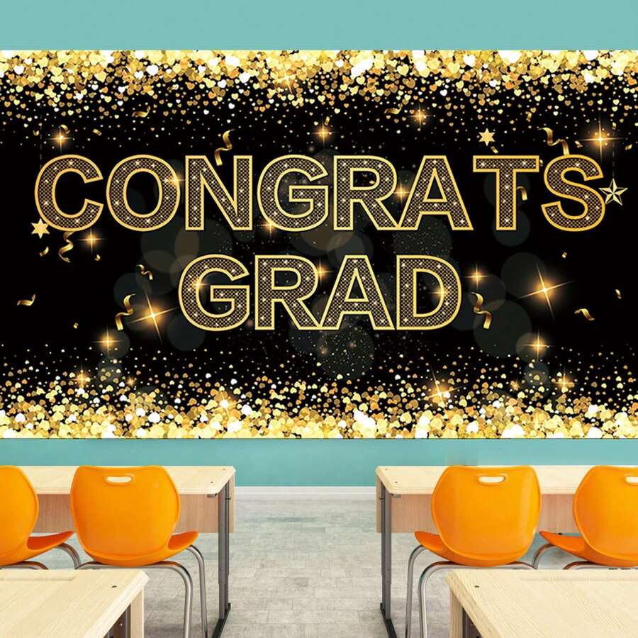 1 Pc Congrats Grad Banner 71x43 In, Black And Gold, Flowers, PINK And ...