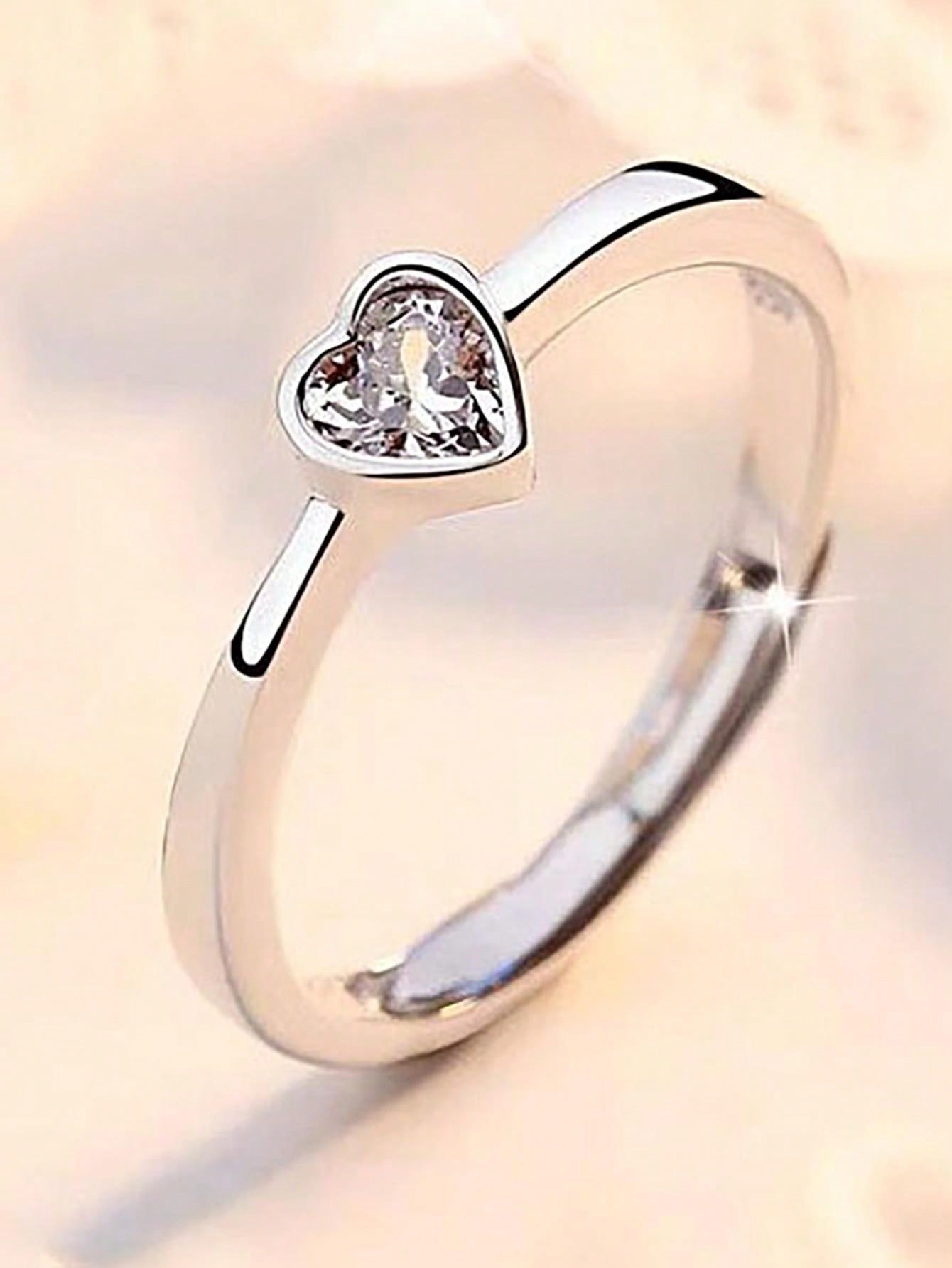 1pc Silver Couple Ring Set With Hollow Out Heart Shape & Rhinestone ...