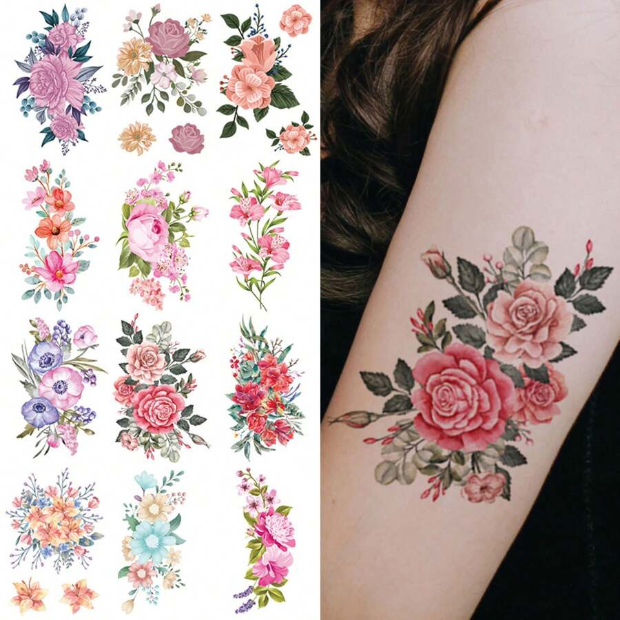 12 Sheets Waterproof Flower Tattoo Sticker For Women - Lasts 2-5 Days ...