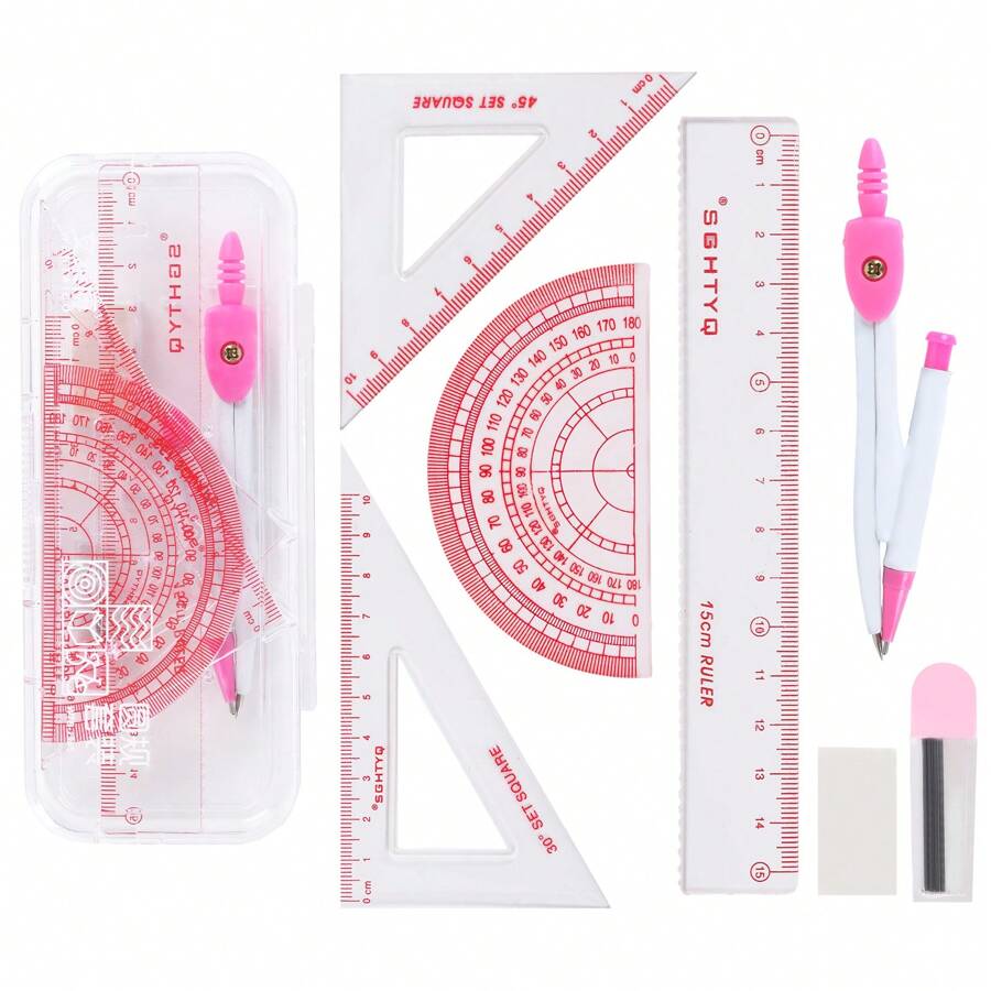 7 Pcs Math Geometry Set,Maths Set With Compass Protractor Ruler Eraser ...