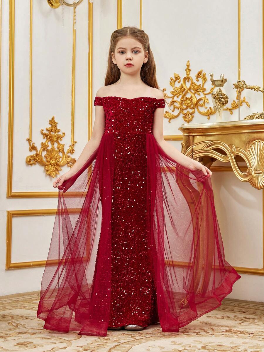 Tween Girl Off-Shoulder Waist Splicing Mesh Sequin Formal Dress | SHEIN USA