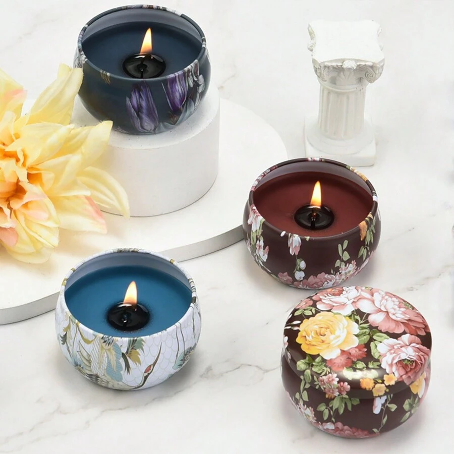 1pc Floral Tin Can Soy Aromatherapy Candle, Smokeless & , Romantic Gift ...