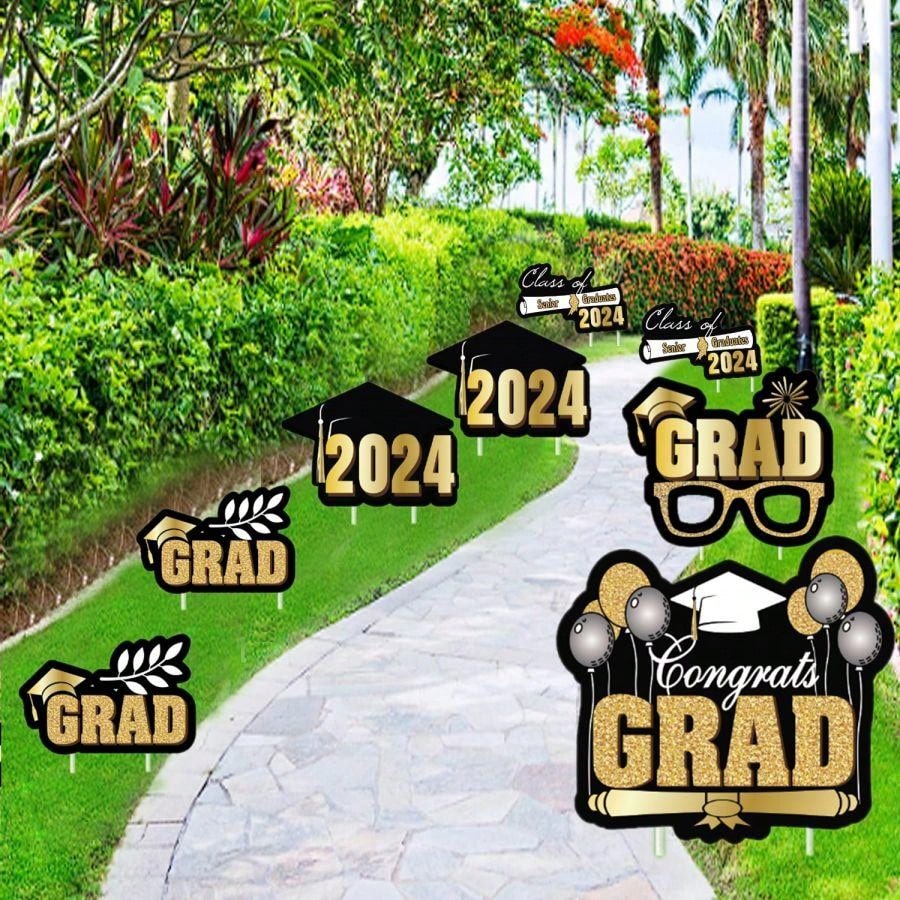 8pcs 2024 Graduation Yard Sign Decoration Black And Gold Congrats ...