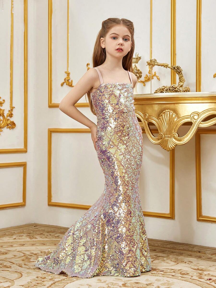 Tween Girls' Sparkly Halter Fish Tail Hem Party Prom Dress | SHEIN USA