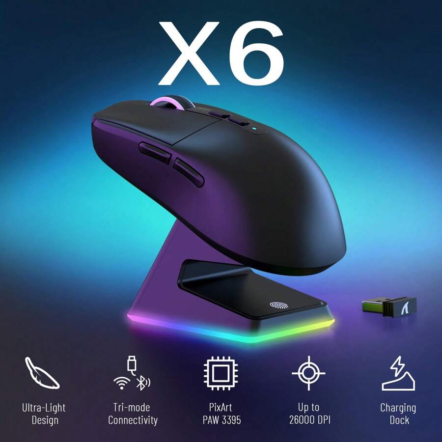 ATTACK SHARK X6 Superlight Wireless Gaming Mouse With Magnetic RGB Charging Dock, 49g Ultralight ...