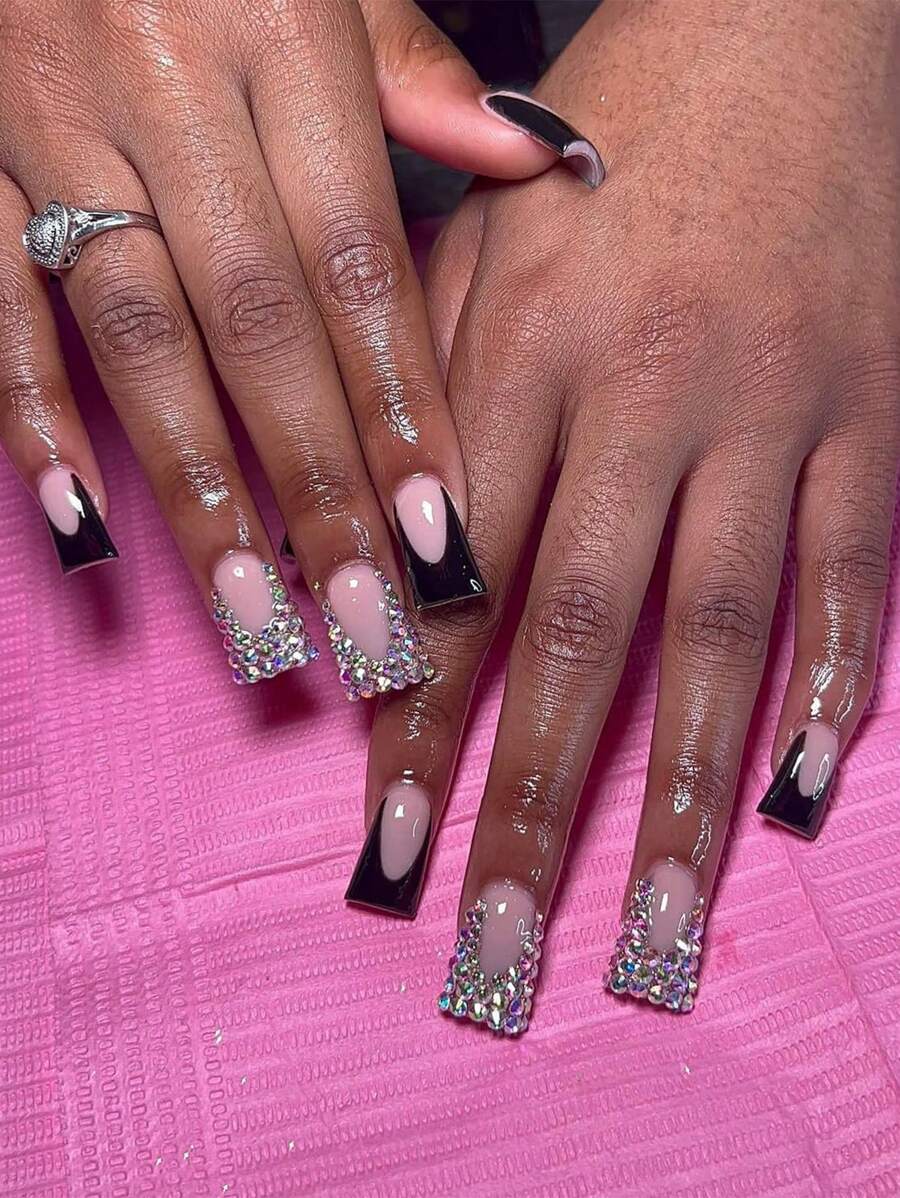 24pcs XXL Long Duck Nail Tips Long Duck Black French Nail Press On ...