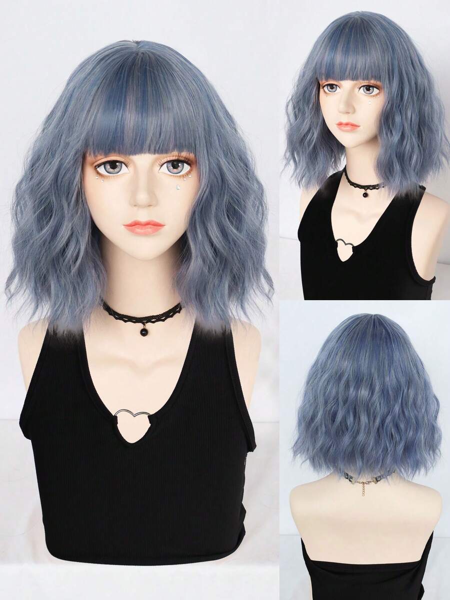 Blue Wigs With Air Bangs 12 Inch Short Wavy Bob Wig Shoulder Length ...