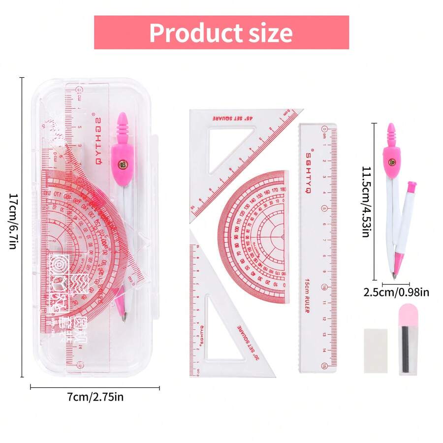 7 Pcs Math Geometry Set,Maths Set With Compass Protractor Ruler Eraser ...
