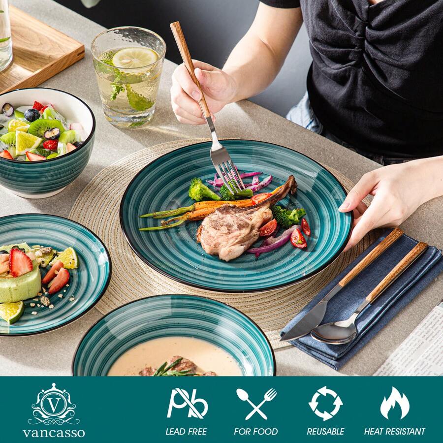 24-Piece Stoneware Dinnerware Set, Green Dinner Set, Service For 6 ...