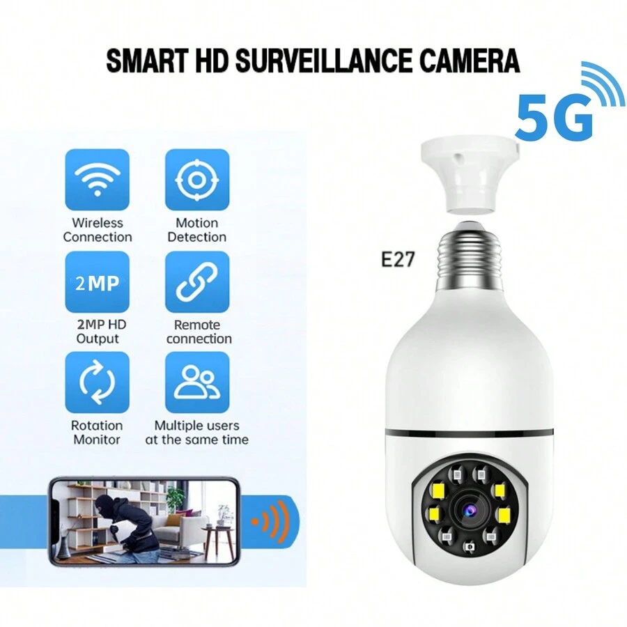 5g Wifi 1080p Light Bulb Surveillance Camera, Night Vision, Auto Human ...