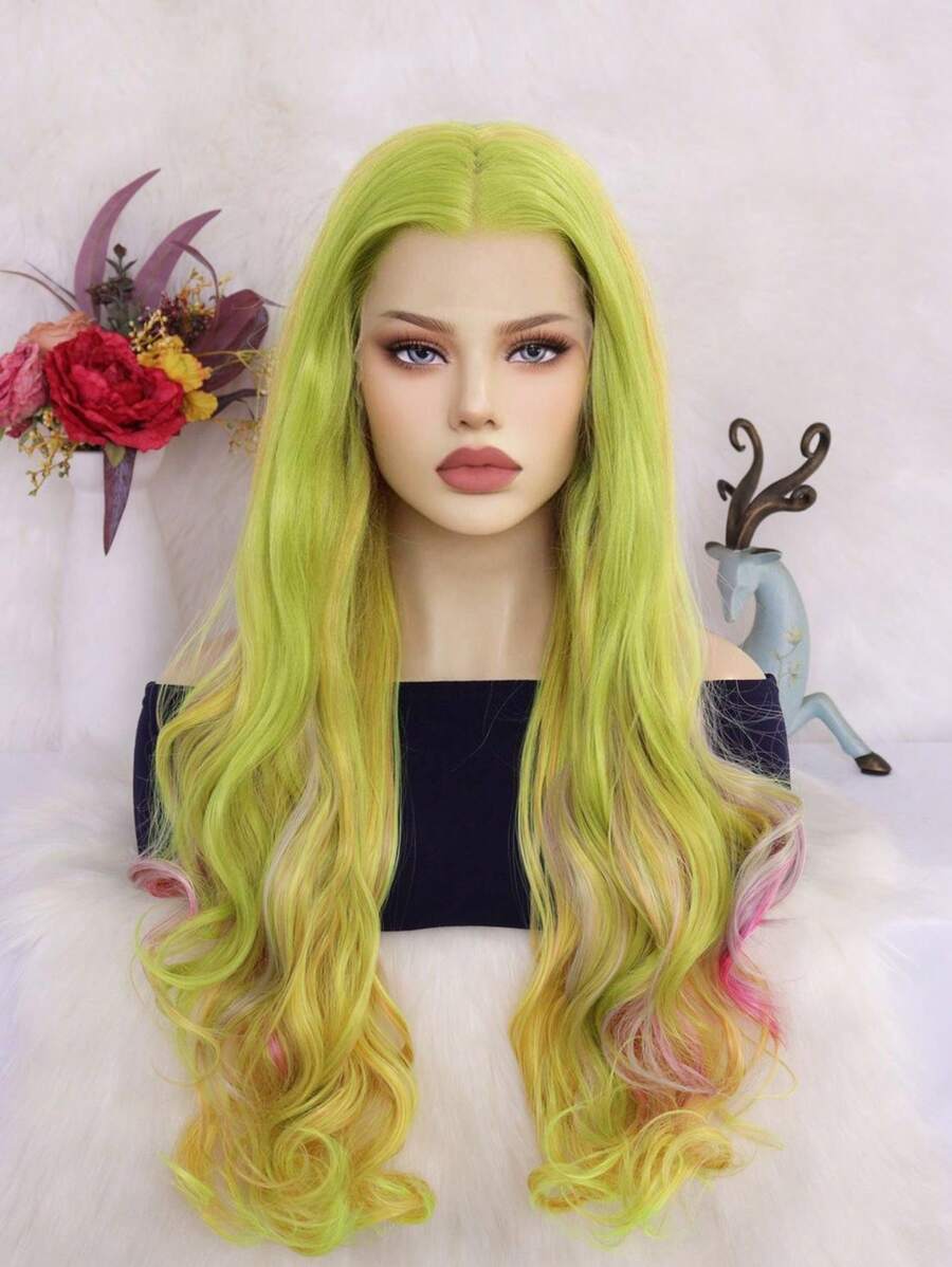 Multicolor Lace Front Wigs Rainbow Green Wigs For St Patricks Day Loose ...
