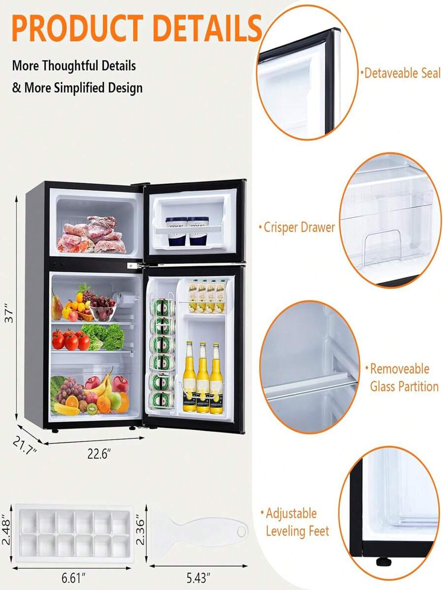 3.2 Cu.Ft Mini Fridge With Freezer, Double Door Mini Fridge, Adjustable ...