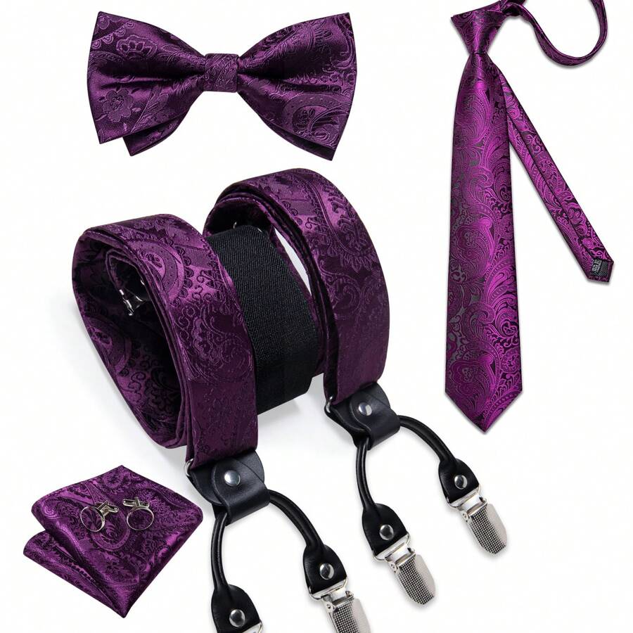 DiBanGu Mens Suspenders White Paisley Striped Y Shape 6 Clips Braces ...