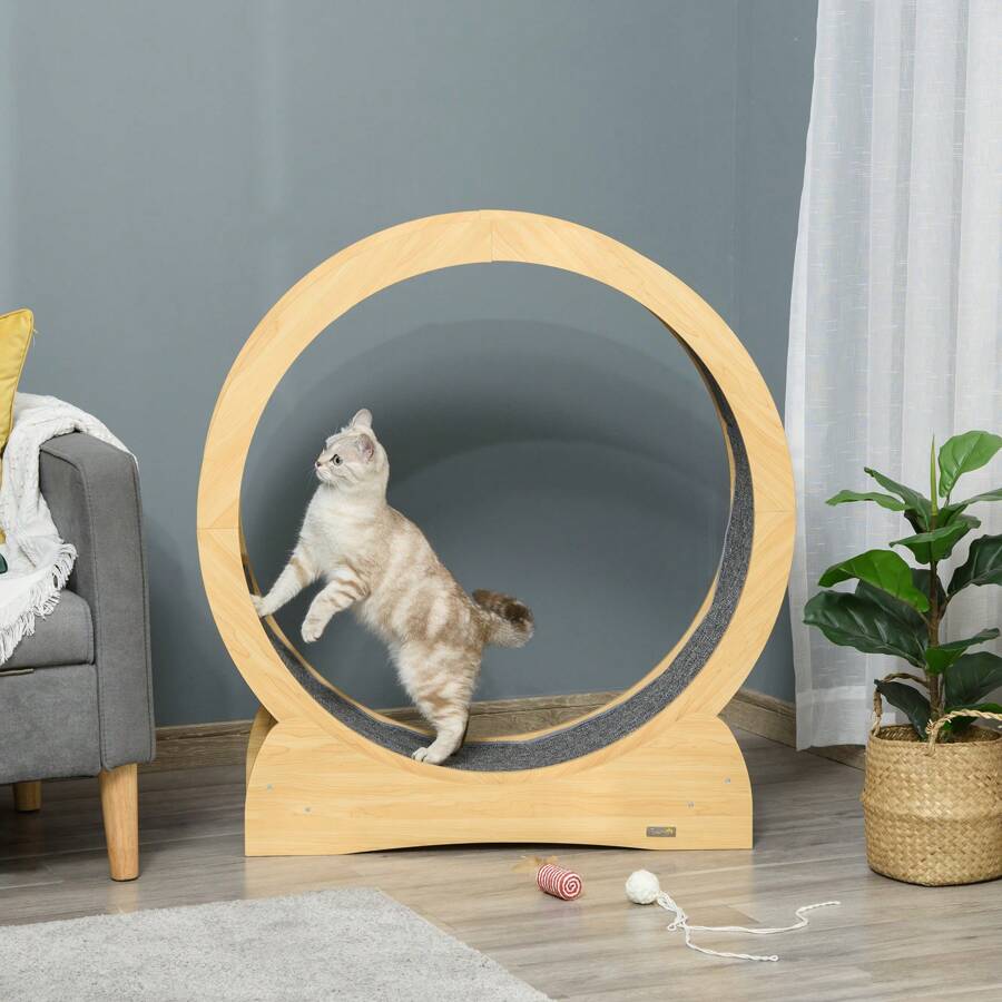 PawHut Cat Treadmill Wooden Cat Exercise Wheel With Carpeted Runway Cat ...