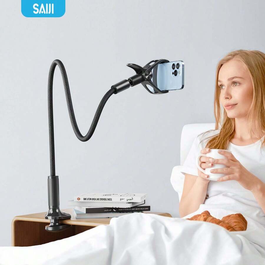 SAIJI Gooseneck Phone Holder Flexible Black Long Leather Phone Stand ...