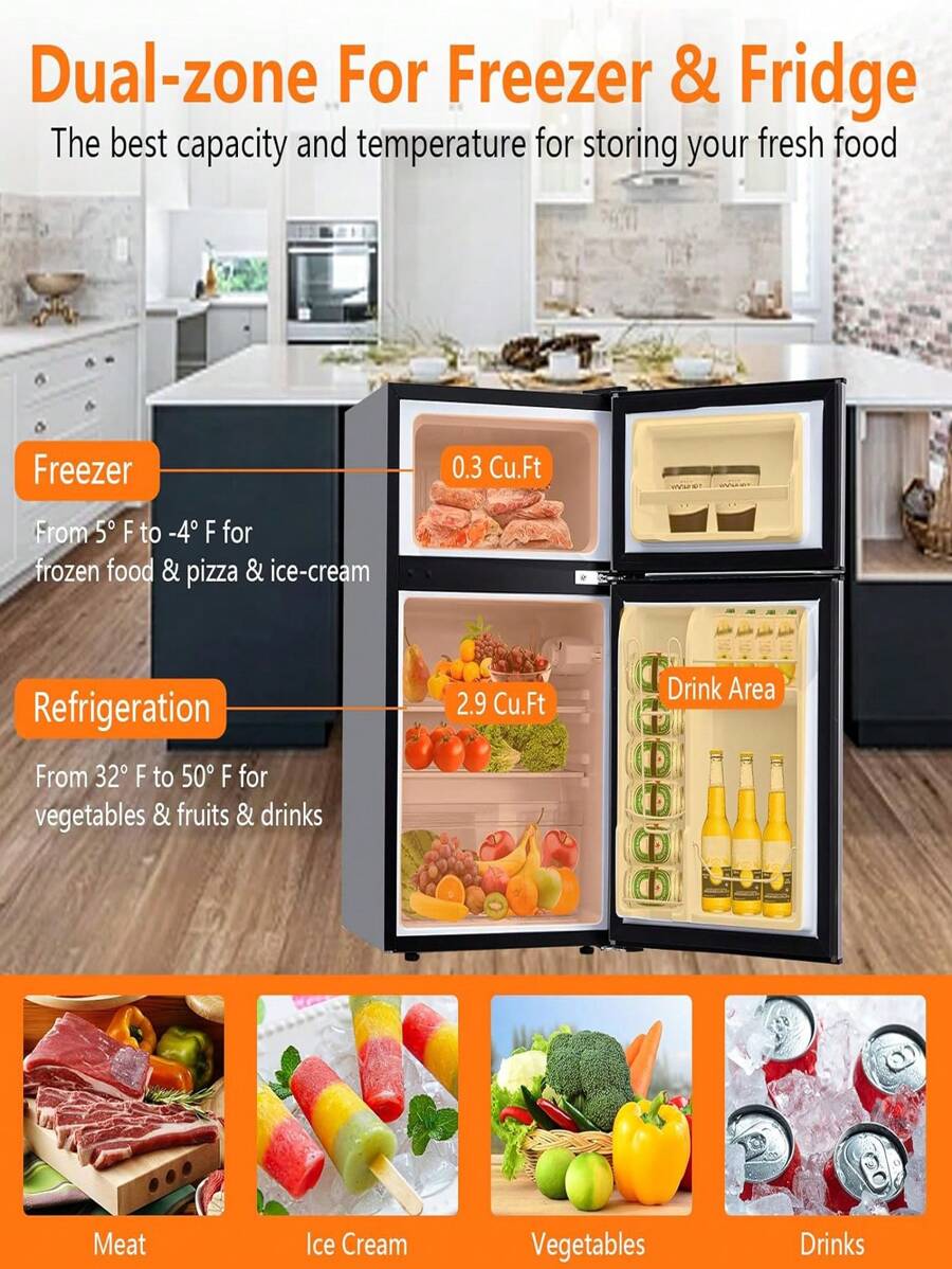 3.2 Cu.Ft Mini Fridge With Freezer, Double Door Mini Fridge, Adjustable ...