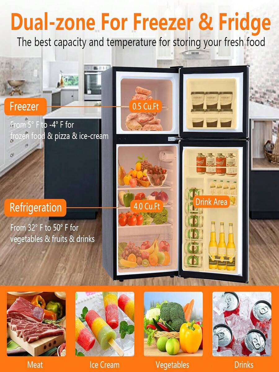 4.5 Cu.Ft Mini Fridge With Freezer, Double Door Mini Fridge, Adjustable ...
