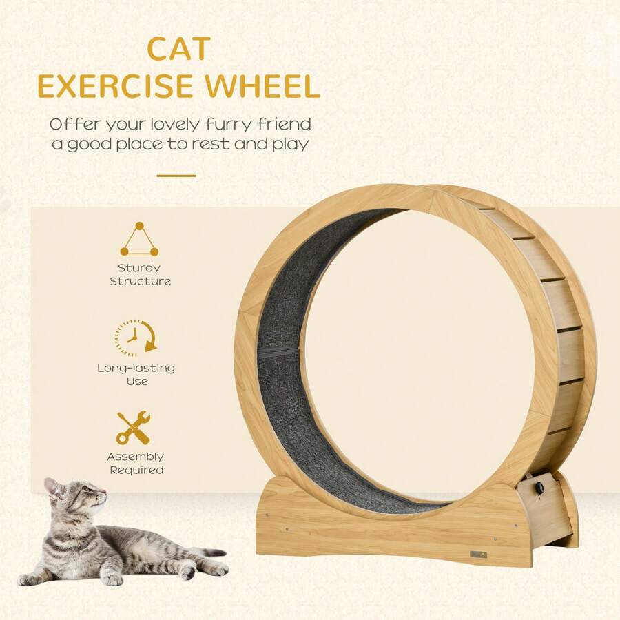 PawHut Cat Treadmill Wooden Cat Exercise Wheel With Carpeted Runway Cat ...