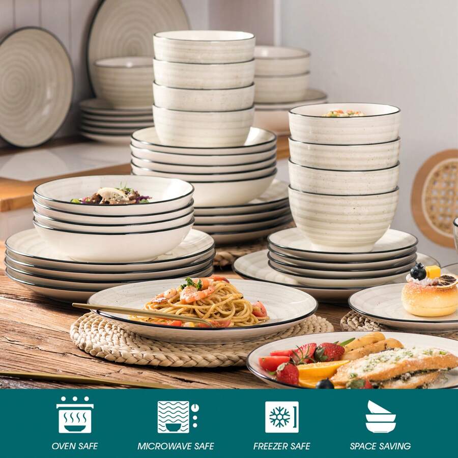 Vancasso 24 Piece Stoneware Dinnerware Set, Beige Dinner Set, Service ...