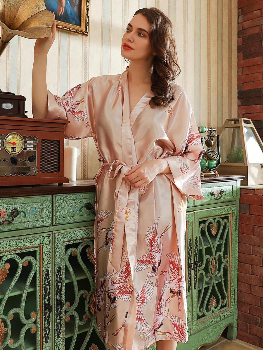 Spring/Summer Women's Crane Print Imitated Silk Pajamas Long Robe, Sexy ...