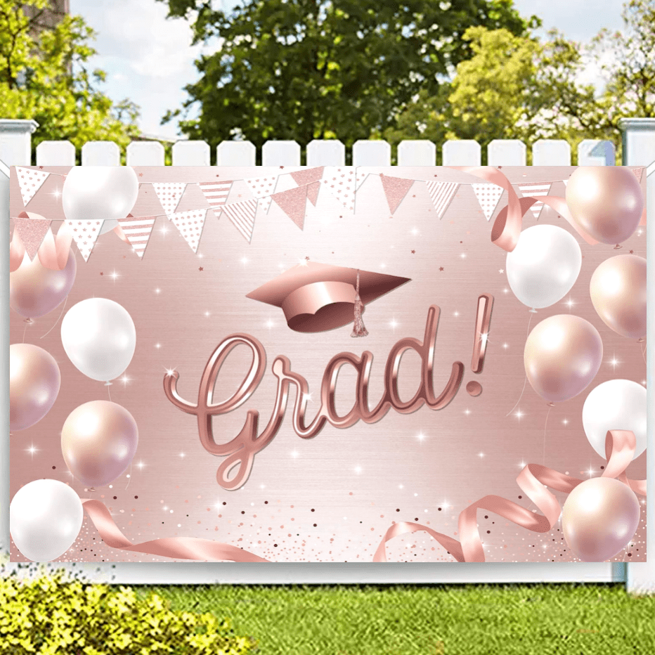 1 Pc Congrats Grad Banner 71x43 In, Black And Gold, Flowers, PINK And ...