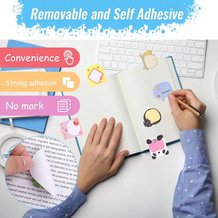 24 Packs Cute Animal Design Self-Stick Memo Pad, Kawaii Cartoon Memo ...