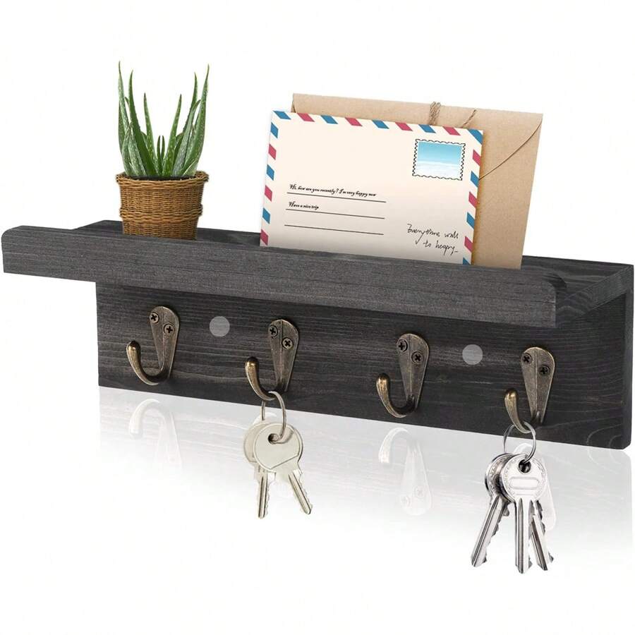 Rustic Key Holder for Wall, Farmhouse Wall Shelf with 4 Hooks, Wall ...