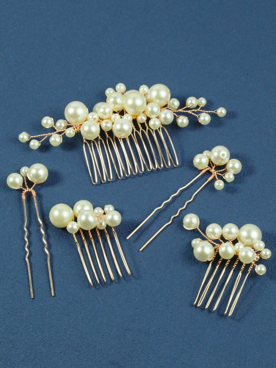 1set 5pcs Pearl Decor Bride Hair Comb, Hairpin, Hair Clasp In Rose Gold ...