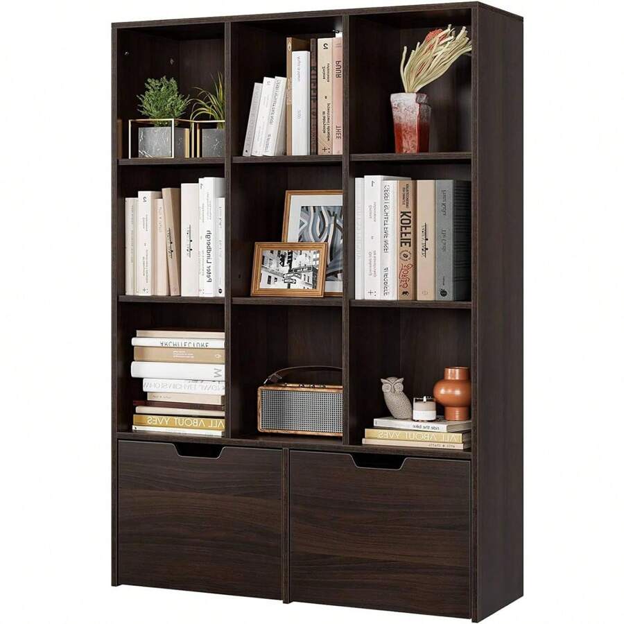 Bookcase Modern Bookshelf With 9 Cubes Open Shelf And 2 Drawers ...