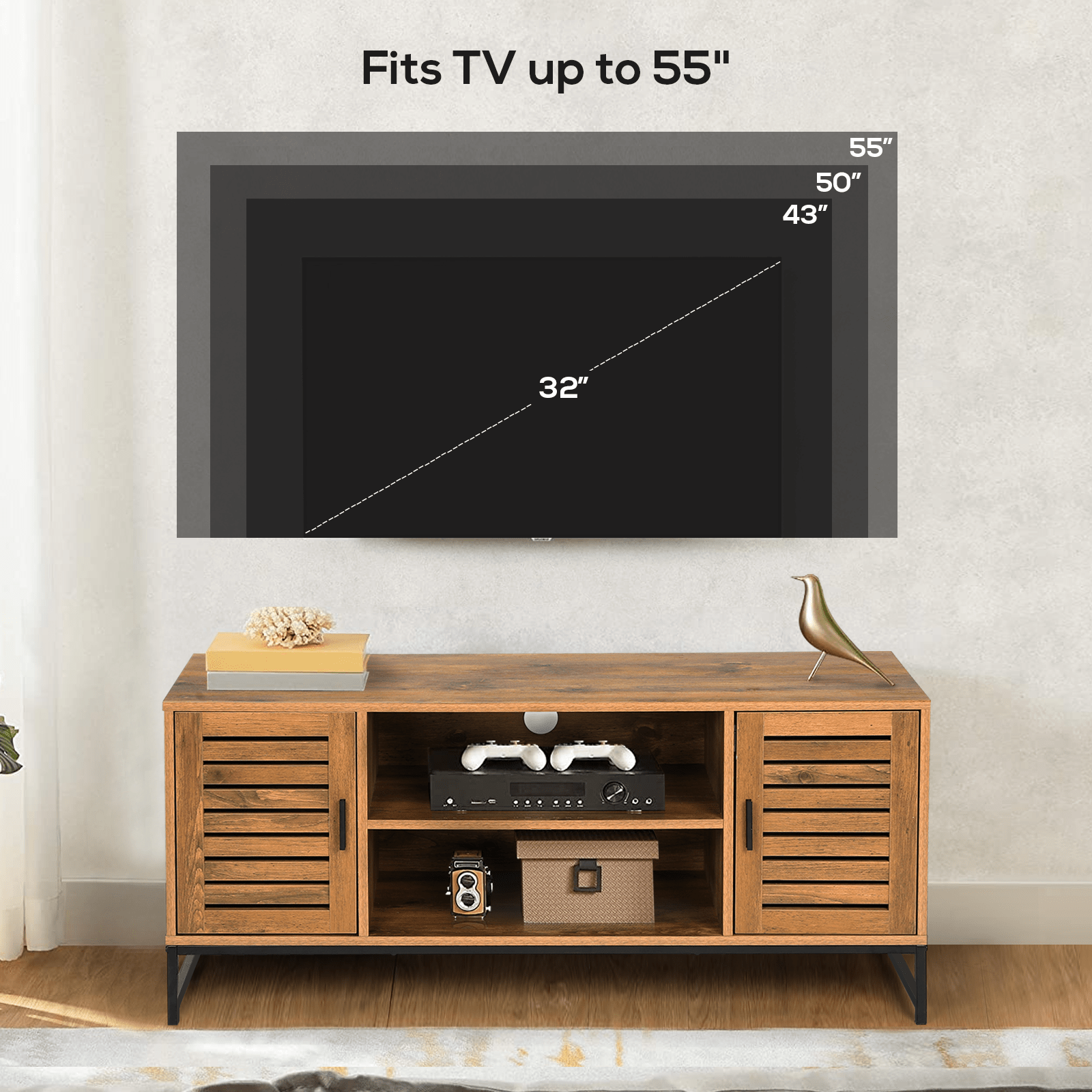 VOWNER Mid Century TV Stand For 32/42/50/55 Inch, Small TV Console With 2 Louvered Doors ...