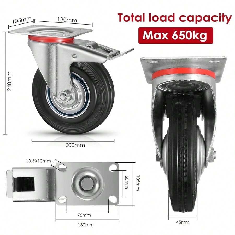 Pack Of 4 Heavy Duty Castors 200 Mm Castors Transport Castors With ...