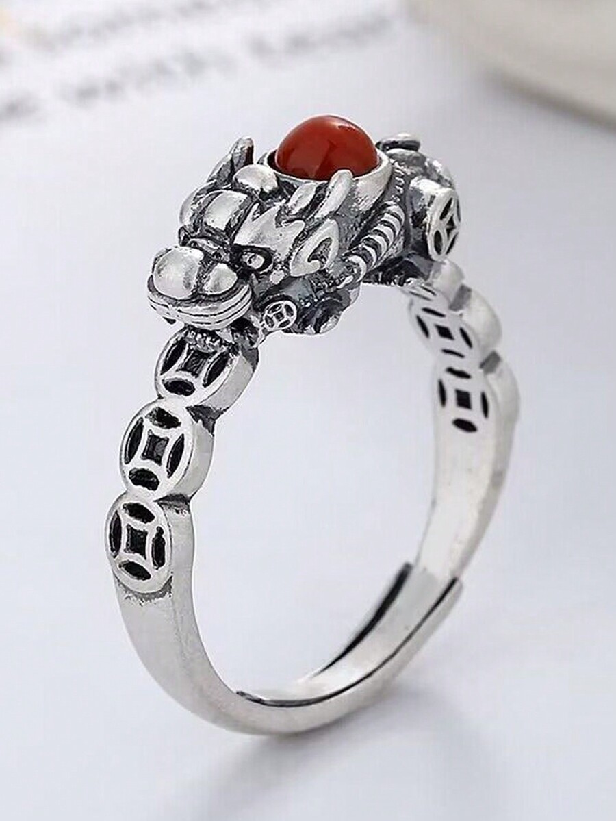 1pc Fashionable Red Jade Square Geometric Pattern Open Finger Ring For ...