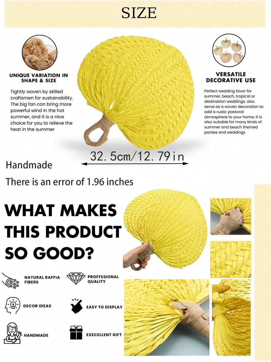 1pc Natural Palm Leaf Woven Handmade Wedding Fan, Yellow Portable Hand ...