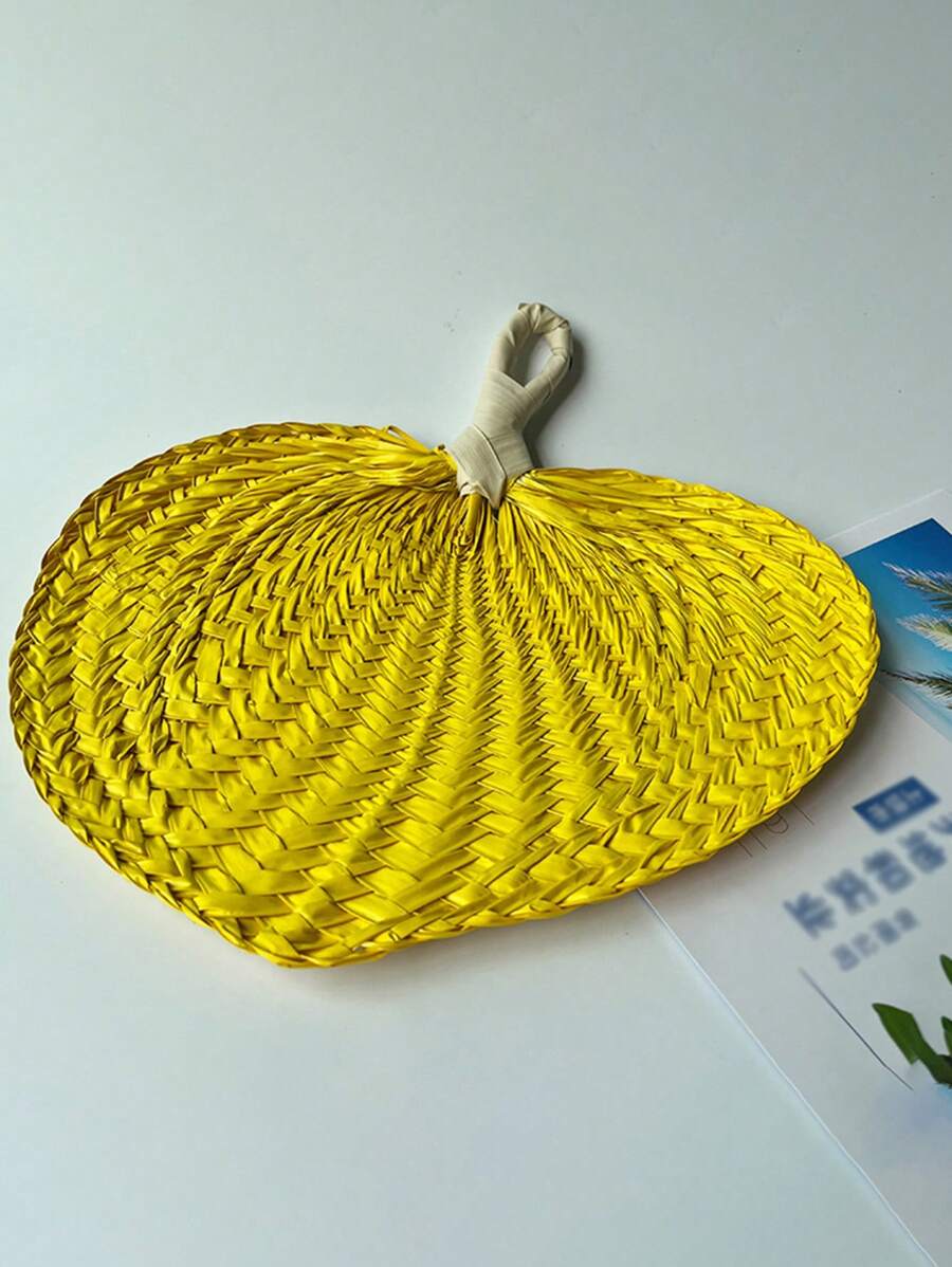 1pc Natural Palm Leaf Woven Handmade Wedding Fan, Yellow Portable Hand ...