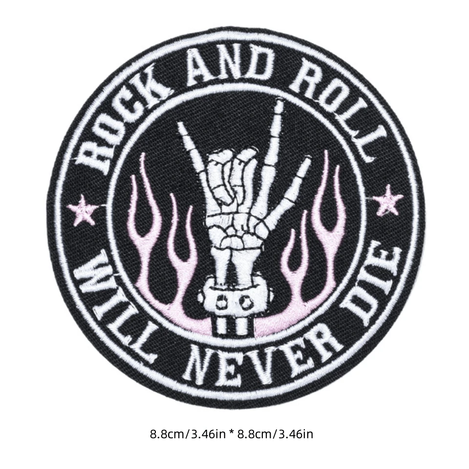 Rock And Roll Will Never Die Round Embroidered Iron-On Patches, Fashionable Skeleton & Hand ...